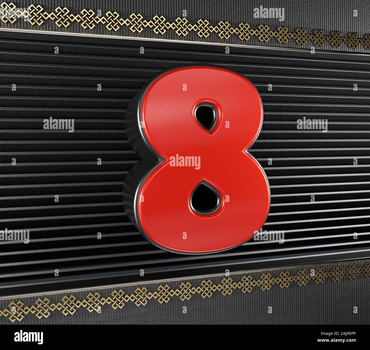 Red number 8 (number eight) with golden symbols endless knot. 3D ...
