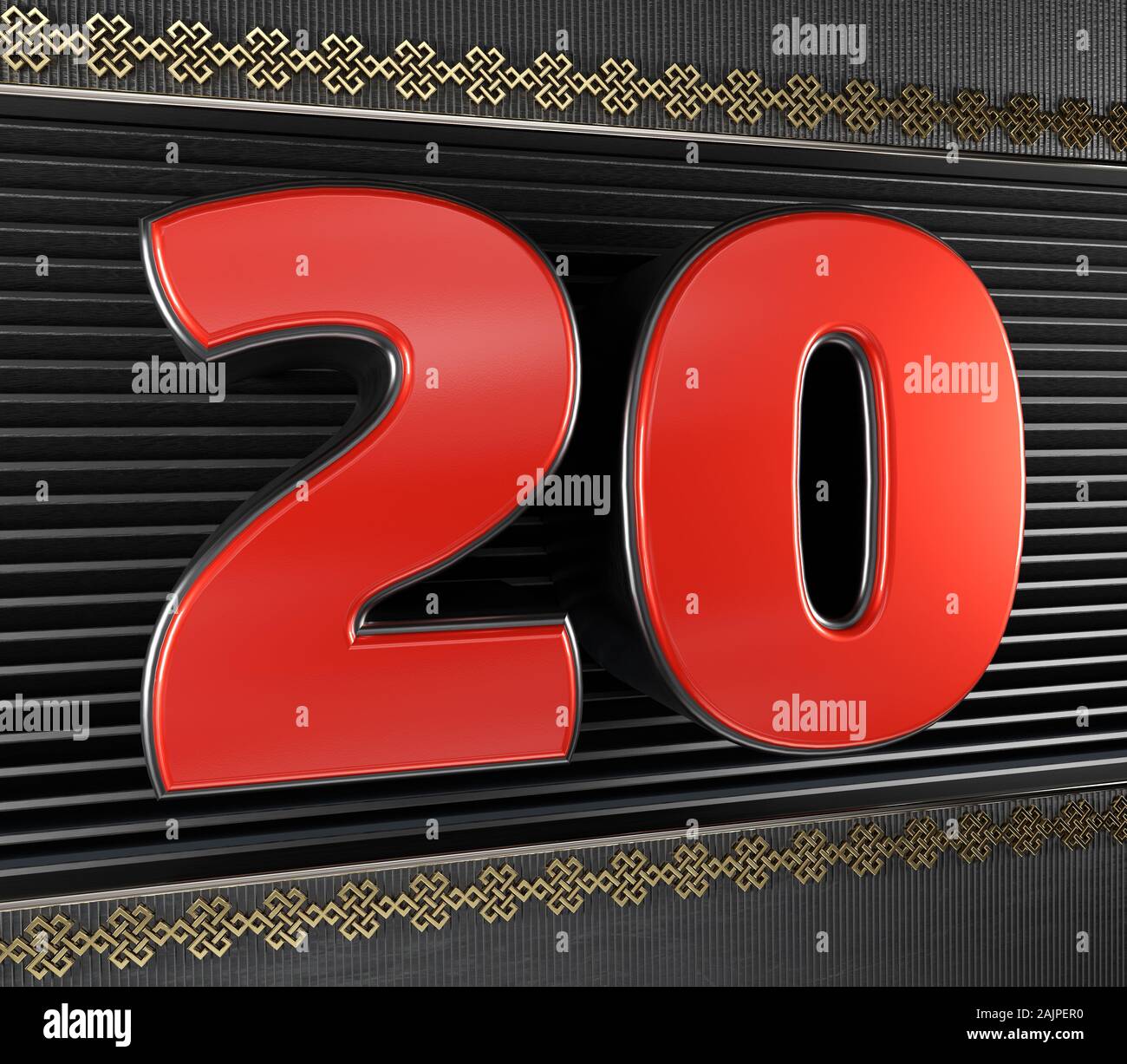 Red number 20 (number twenty) with golden symbols endless knot. 3D ...