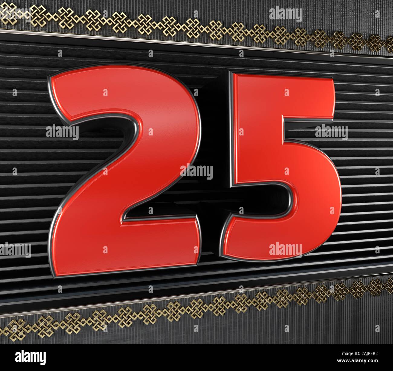Red number 25 (number twenty-five) with golden symbols endless knot. 3D ...