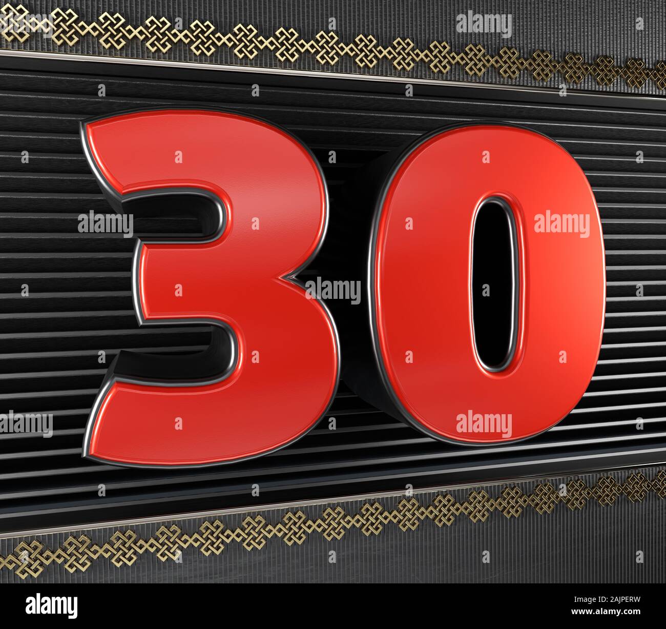 Red number 30 (number thirty) with golden symbols endless knot. 3D ...