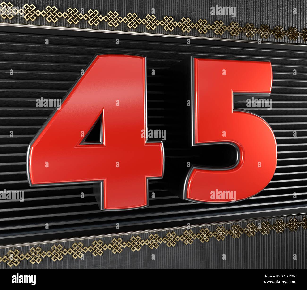 Red number 45 (number forty-five) with golden symbols endless knot. 3D ...