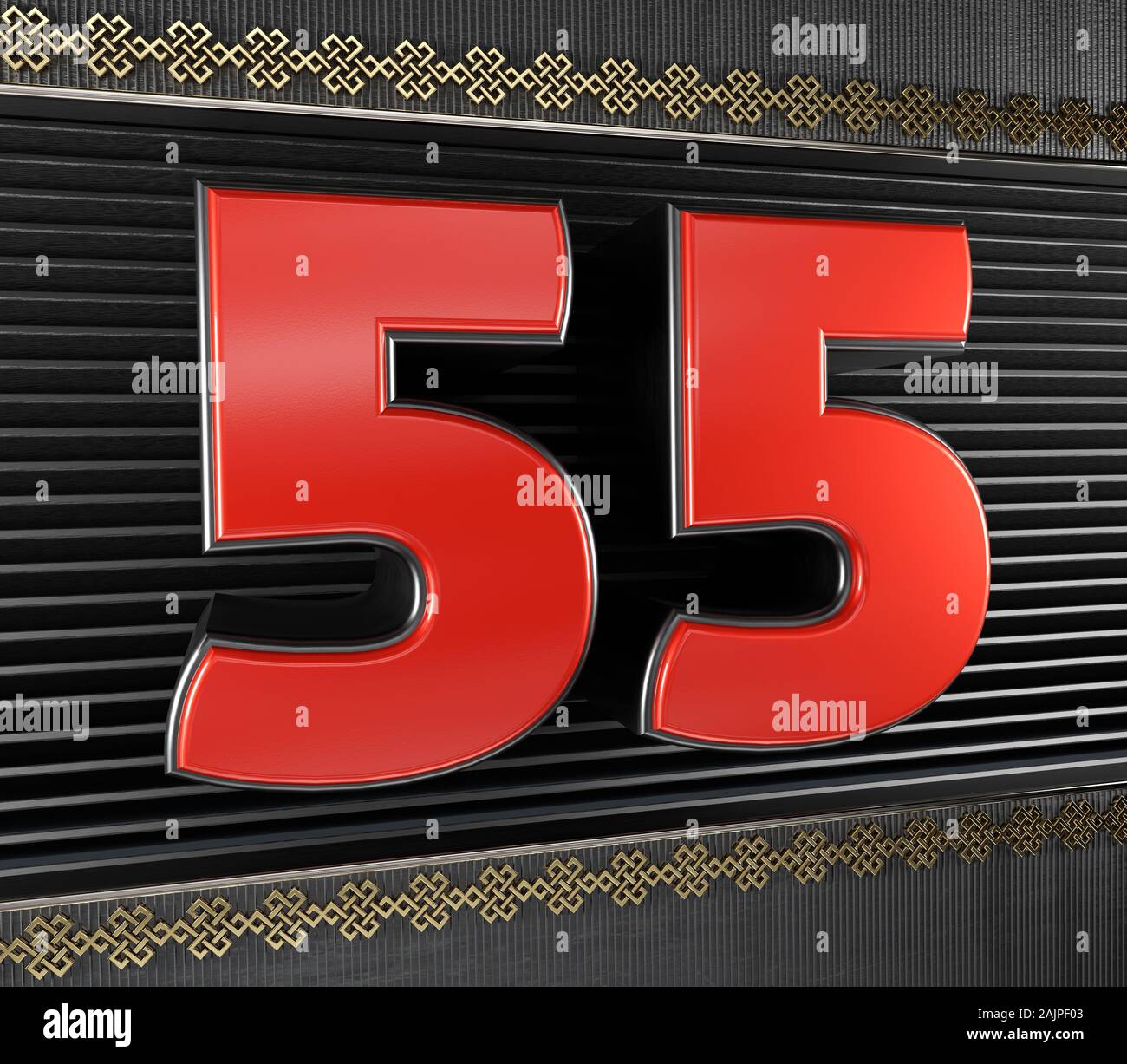 Red number 55 (number fifty-five) with golden symbols endless knot. 3D ...