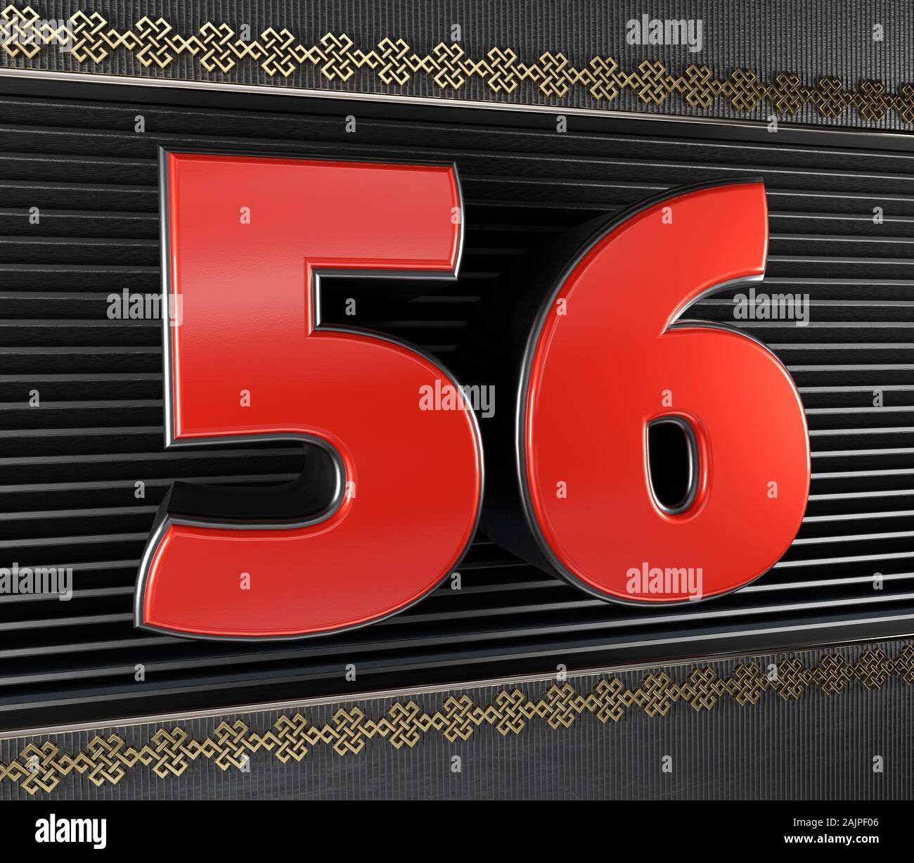 Red number 56 (number fifty-six) with golden symbols endless knot. 3D ...