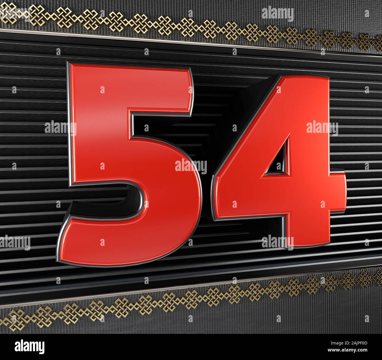 Red number 54 (number fifty-four) with golden symbols endless knot. 3D ...