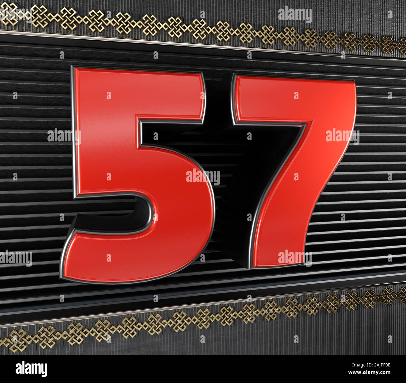 Red number 57 (number fifty-seven) with golden symbols endless knot. 3D ...