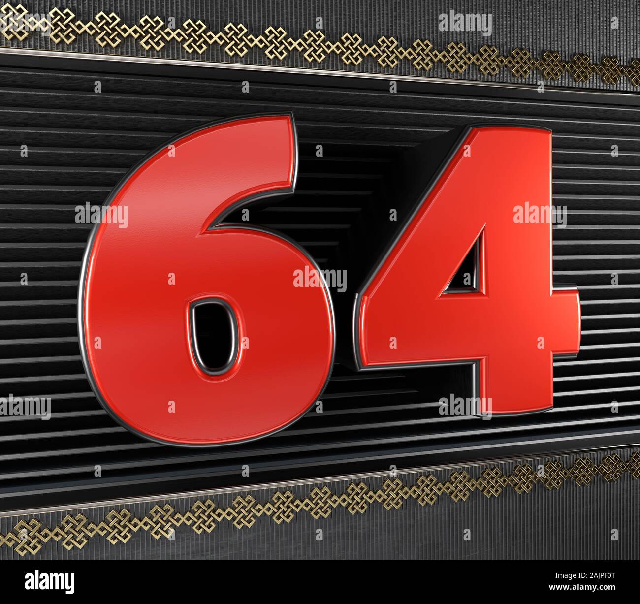 Red number 64 (number sixty-four) with golden symbols endless knot. 3D ...