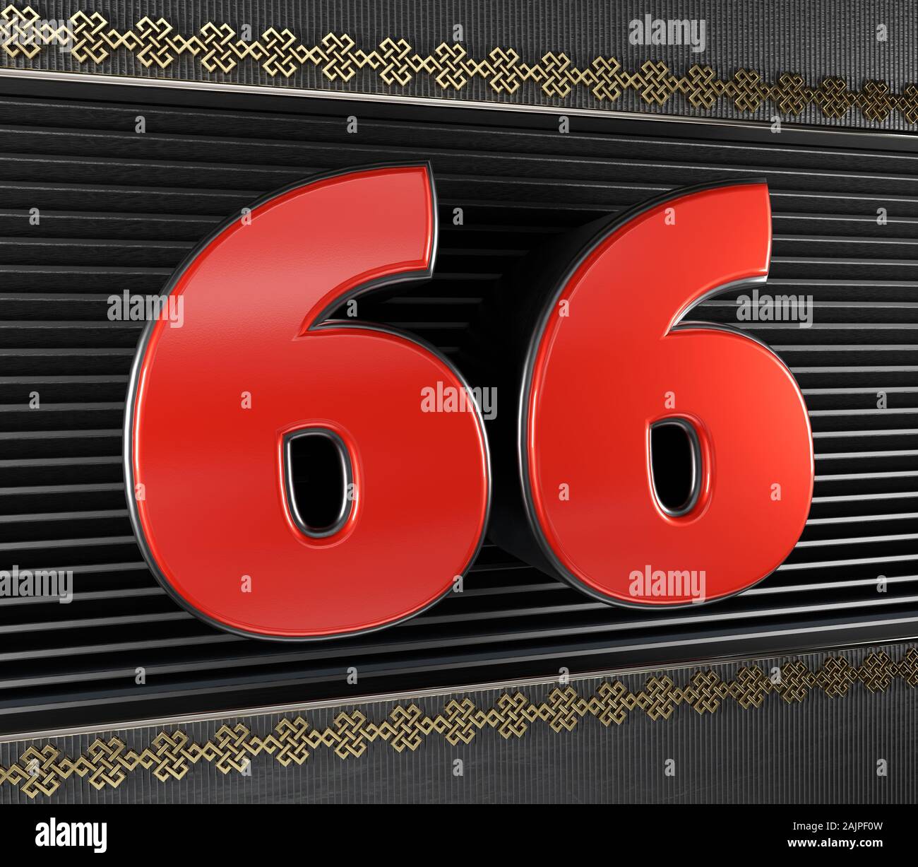 Red number 66 (number sixty-six) with golden symbols endless knot. 3D ...