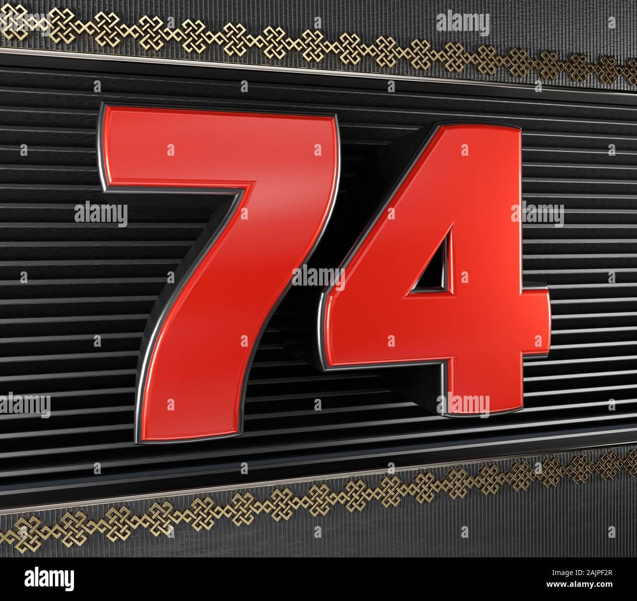 Red number 74 (number seventy-four) with golden symbols endless knot ...