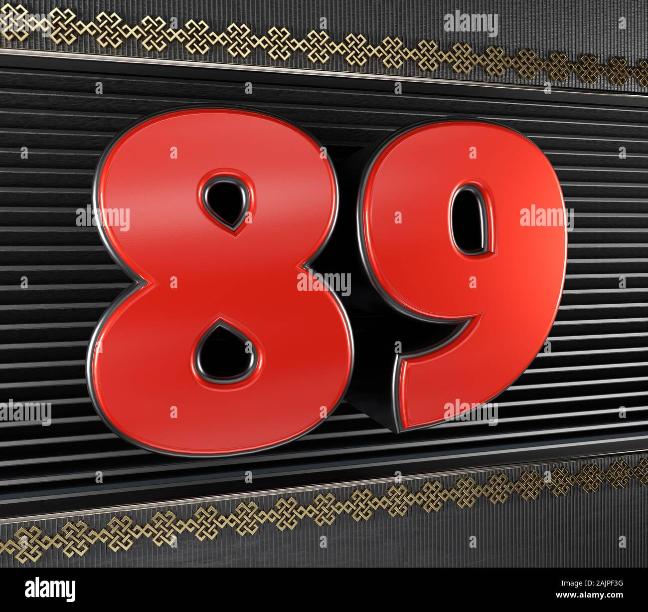 Red number 89 (number eighty-nine) with golden symbols endless knot. 3D ...