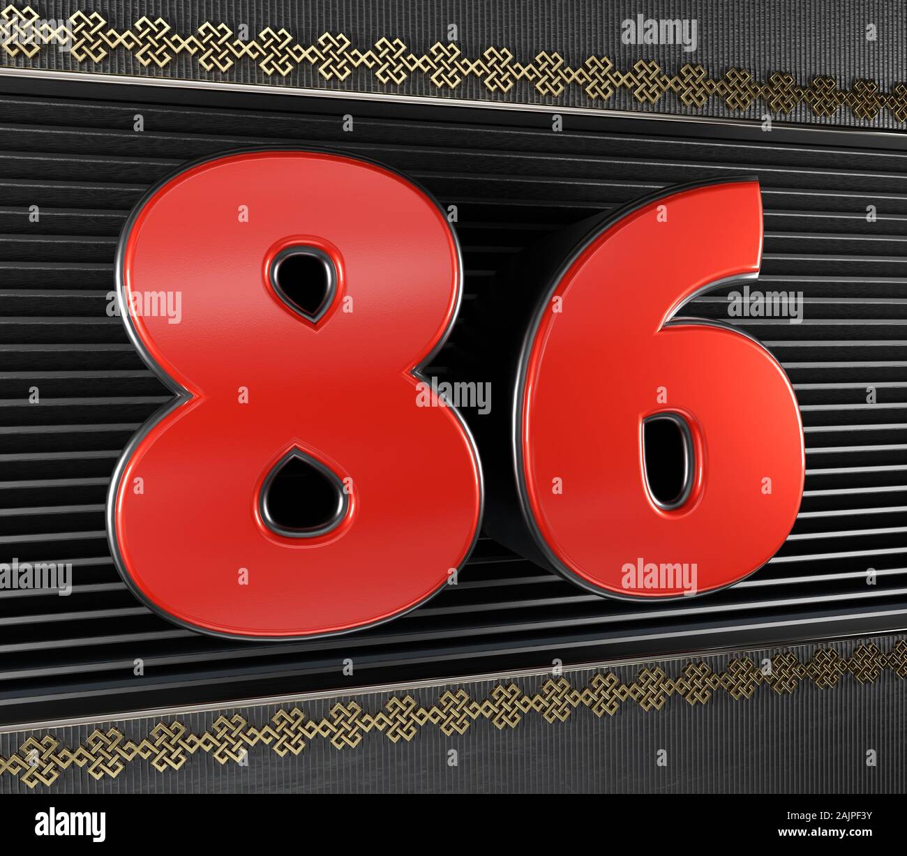 Red number 86 (number eighty-six) with golden symbols endless knot. 3D ...