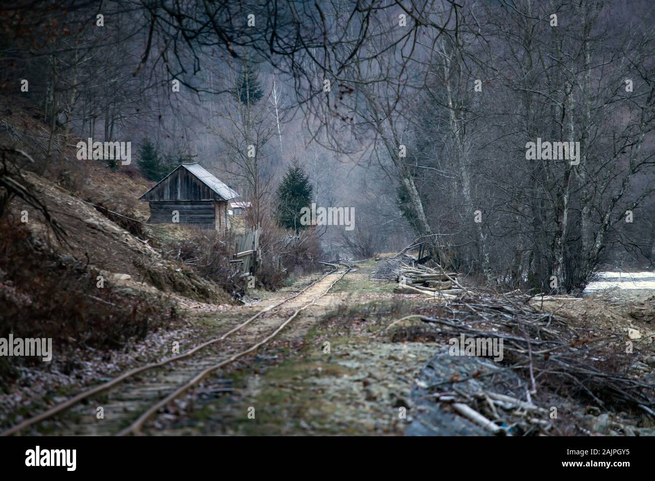 Old wooden cottage near railways in the romanian mountains.Creepy rural ...