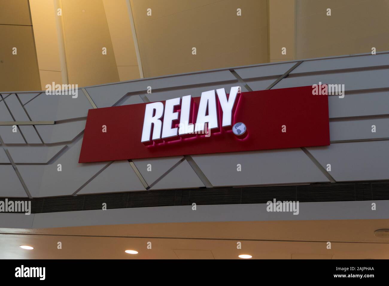 Relay newspaper store logo sign Stock Photo - Alamy