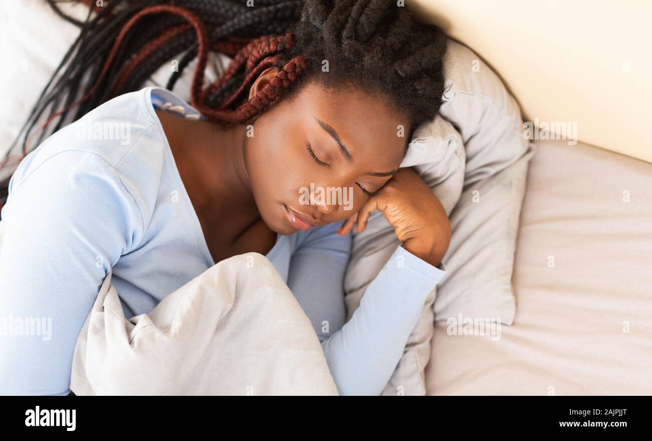 Healthy Sleep. Asleep Afro Lady Taking A Rest Lying In Cozy Bed At Home ...