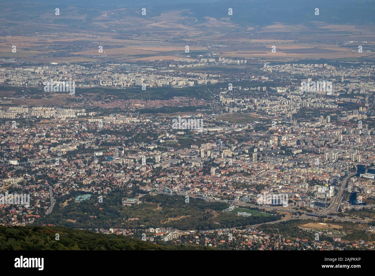 Panoramic view of city of Sofia from Kamen Del Peak at Vitosha Mountain ...