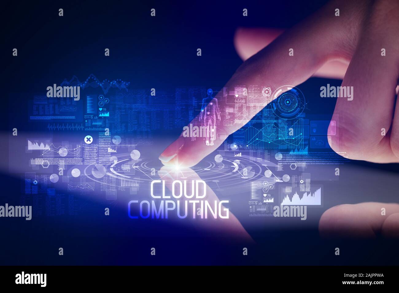 Finger touching tablet with web technology icons and CLOUD COMPUTING ...