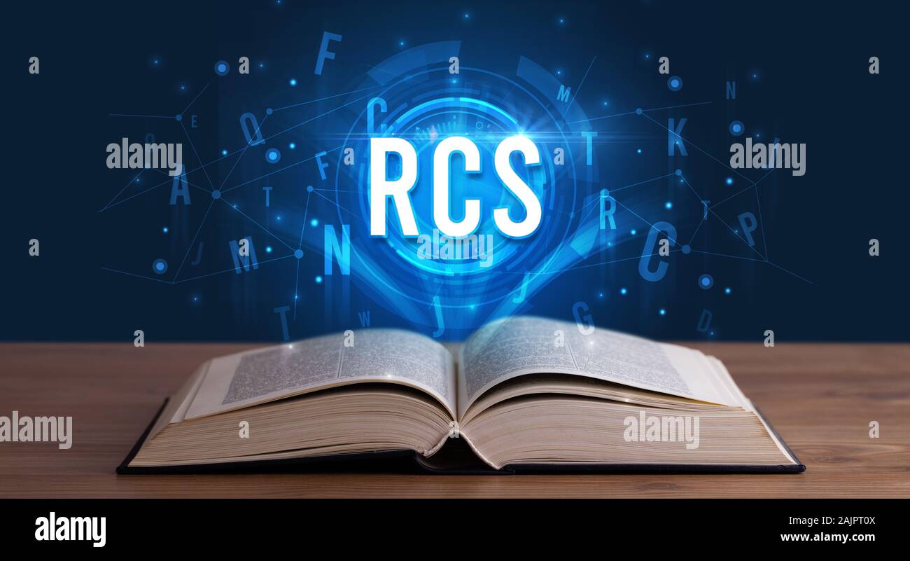 RCS inscription coming out from an open book, digital technology ...