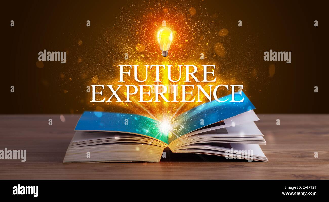FUTURE EXPERIENCE inscription coming out from an open book, educational ...