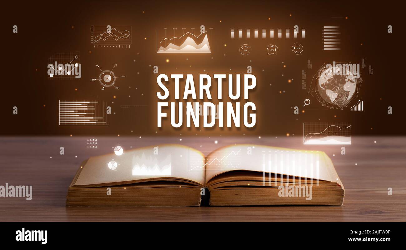 STARTUP FUNDING inscription coming out from an open book, creative ...