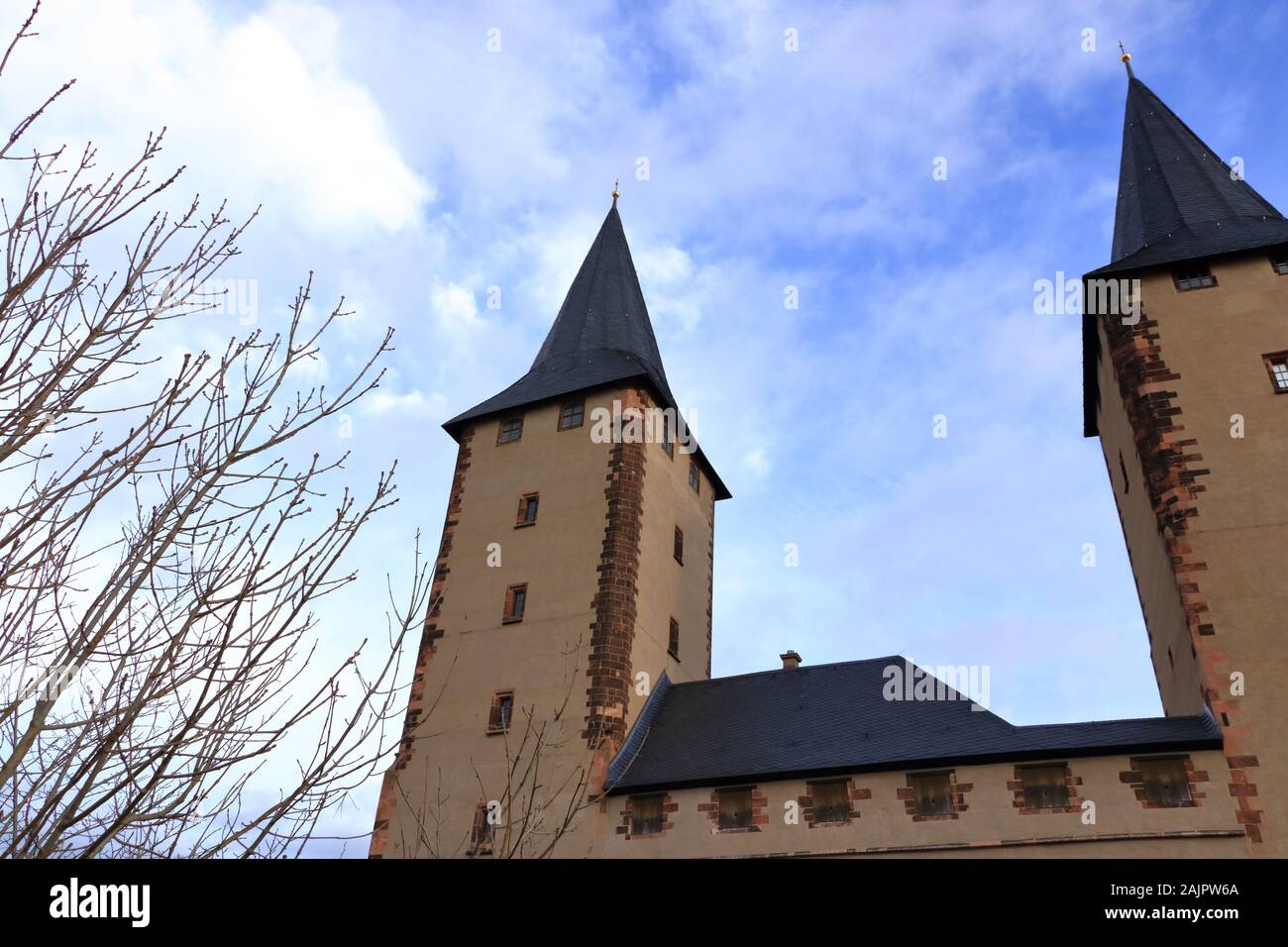 Towers of the medieval castle in Rochlitz/Saxony/Germany in Europe with ...