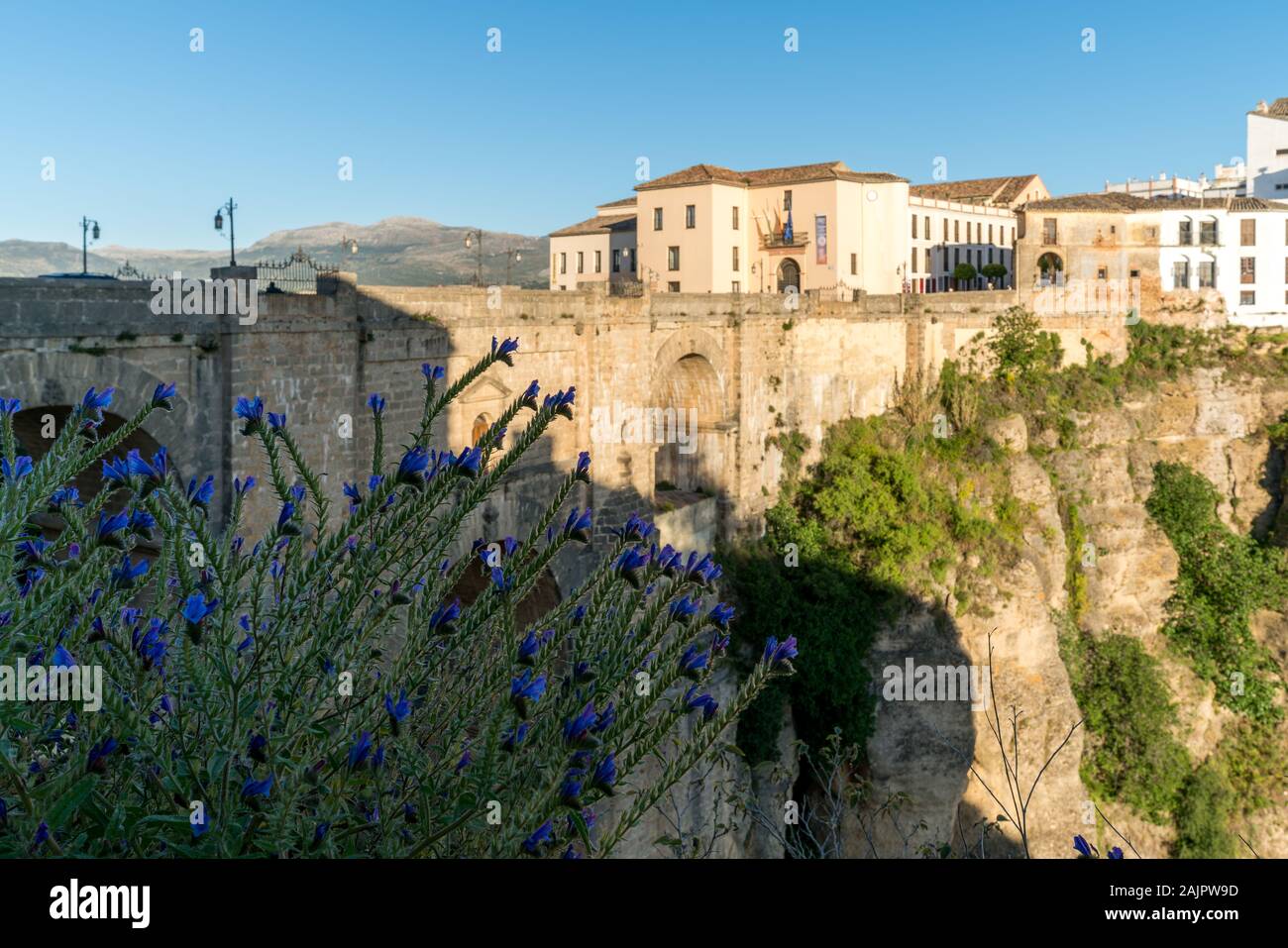 ronda village at the edge of cliffside with trees and white houses ...