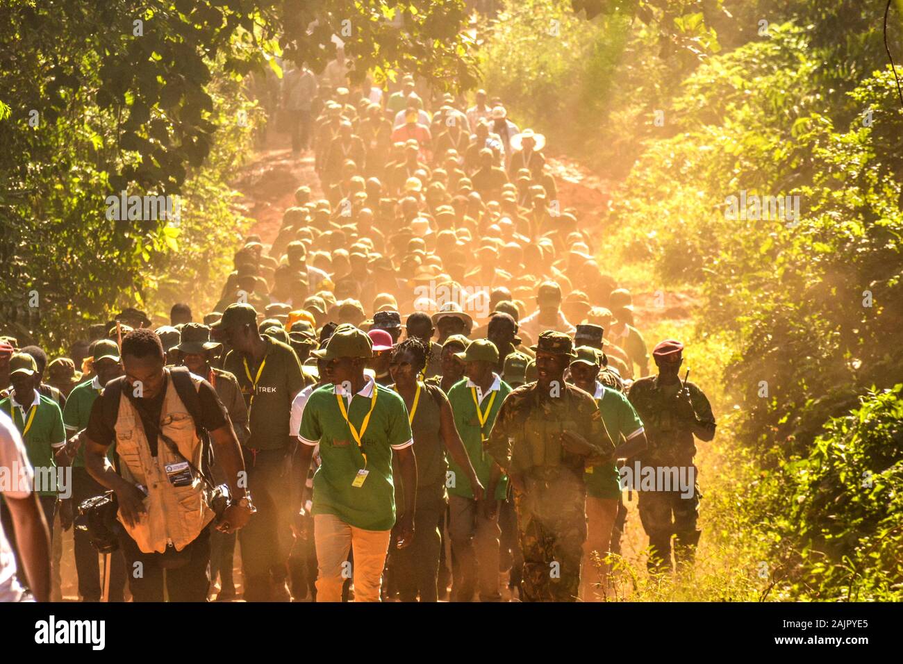 Wakiso, Uganda. 4th Jan, 2020. Trekkers take part in a 195-km walk to ...