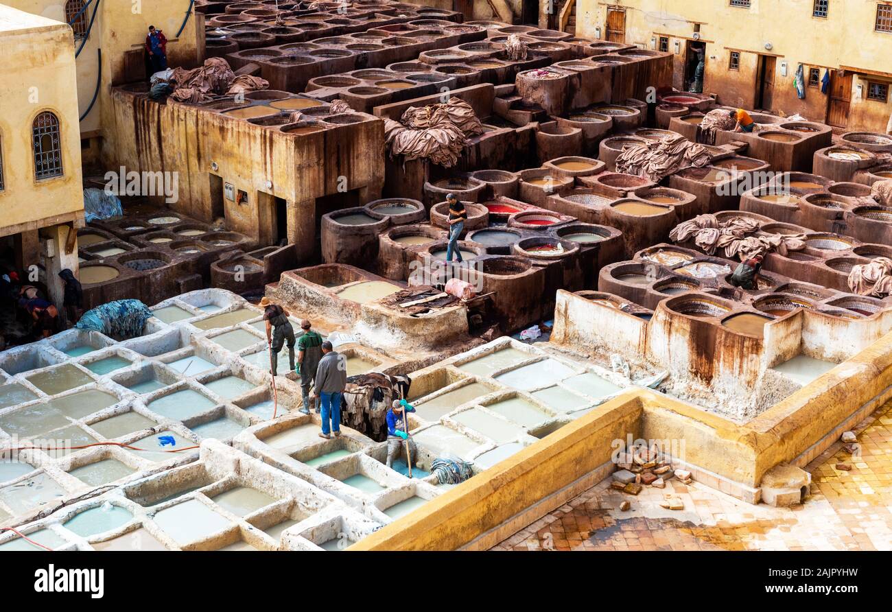 Fes, Morocco - November 12, 2019: Traditional tannery in ancient medina ...