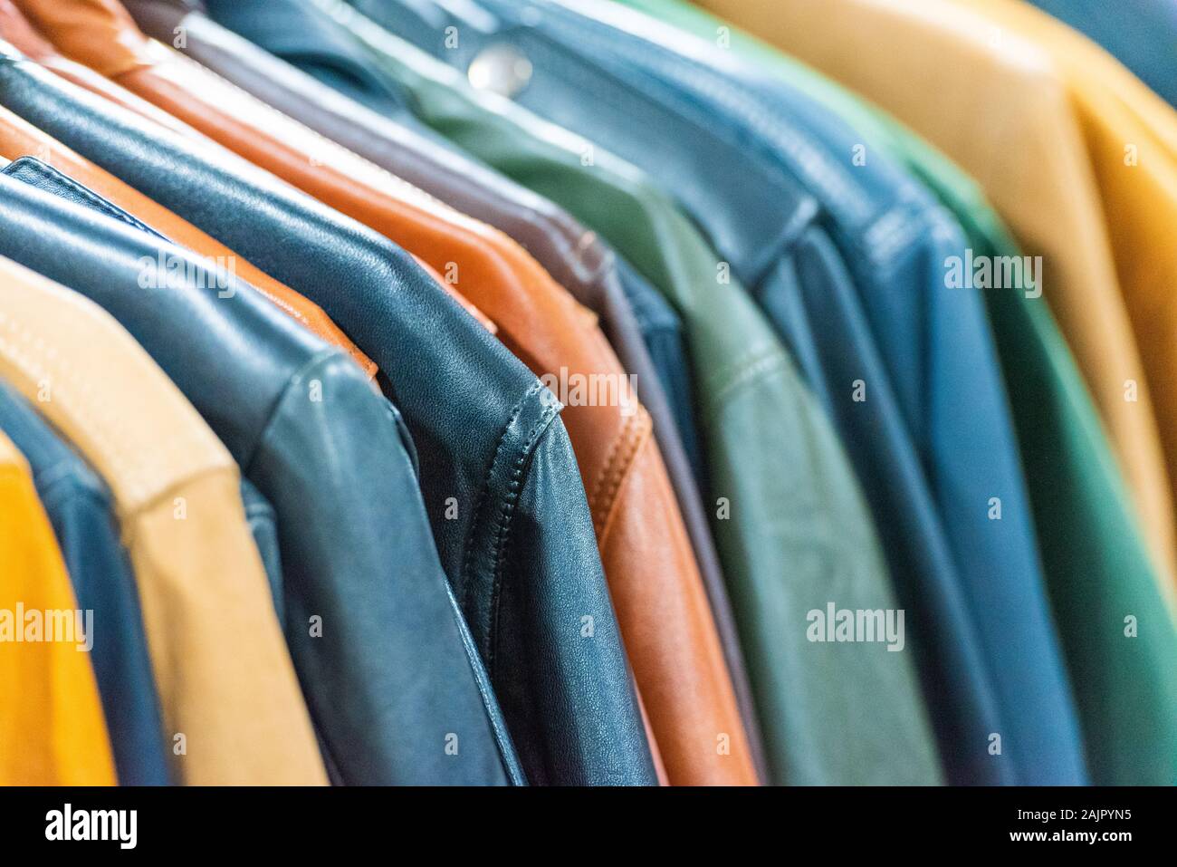 Multi-colored leather jackets, Fez, Morocco. Close-up Stock Photo - Alamy