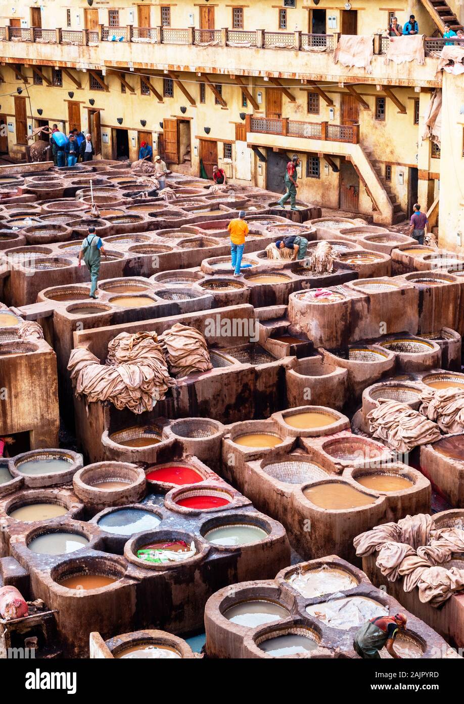 Fes, Morocco - November 12, 2019: Traditional tannery in ancient medina ...