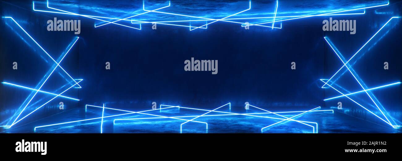 Abstract blue interior or corridor with neon light. Fluorescent lamp ...