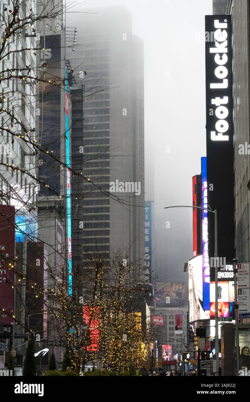 Visibility is obscured by dense fog in Times Square, NYC, USA Stock ...