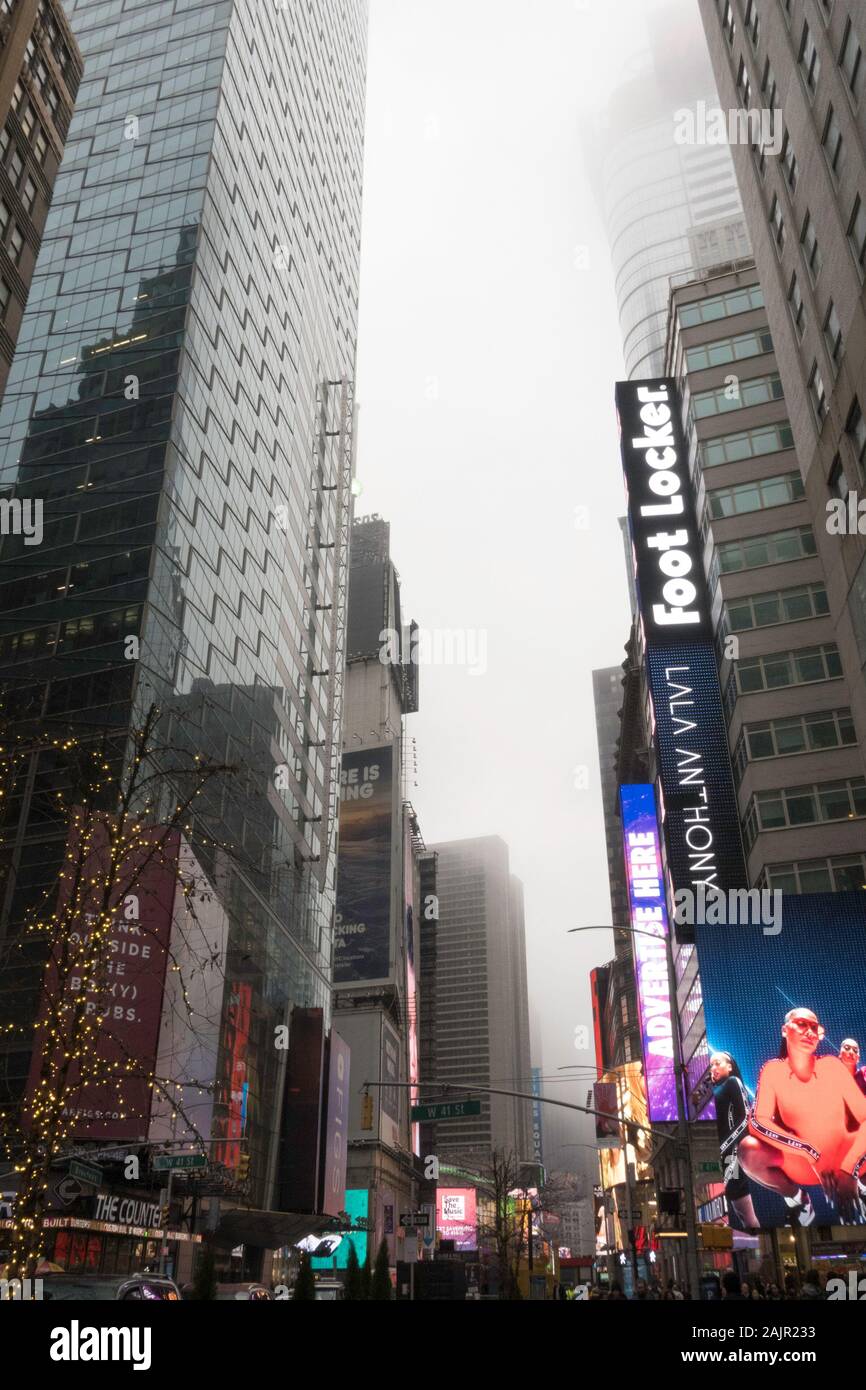 Visibility is obscured by dense fog in Times Square, NYC, USA Stock ...