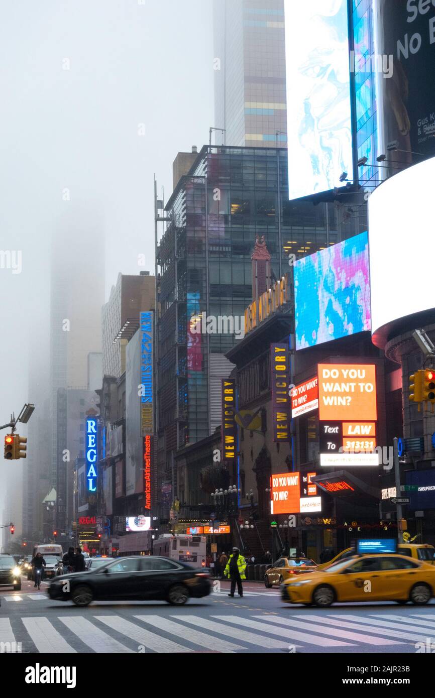 Visibility is obscured by dense fog in Times Square, NYC, USA Stock ...