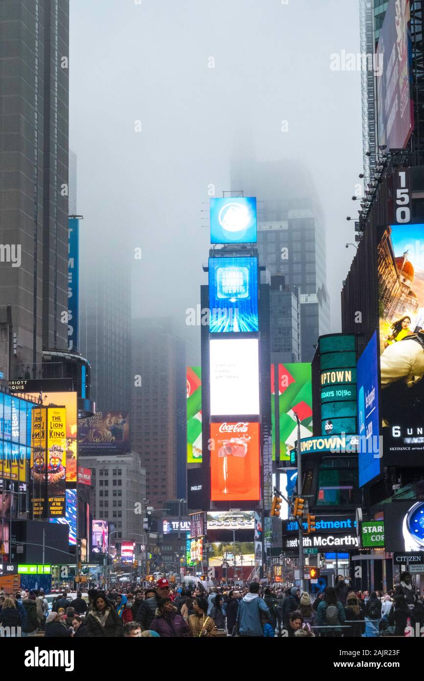 Visibility is obscured by dense fog in Times Square, NYC, USA Stock ...