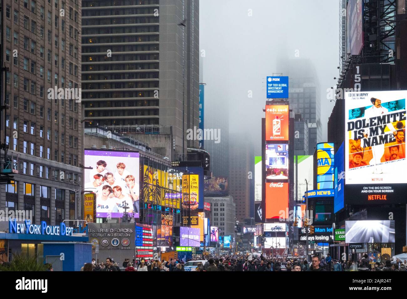Visibility is obscured by dense fog in Times Square, NYC, USA Stock ...