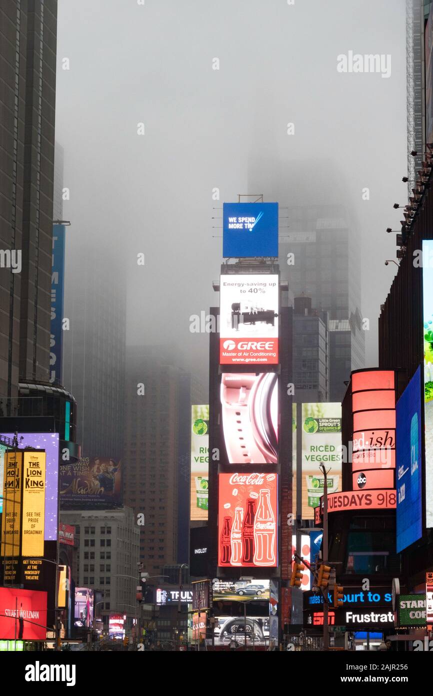 Visibility is obscured by dense fog in Times Square, NYC, USA Stock ...