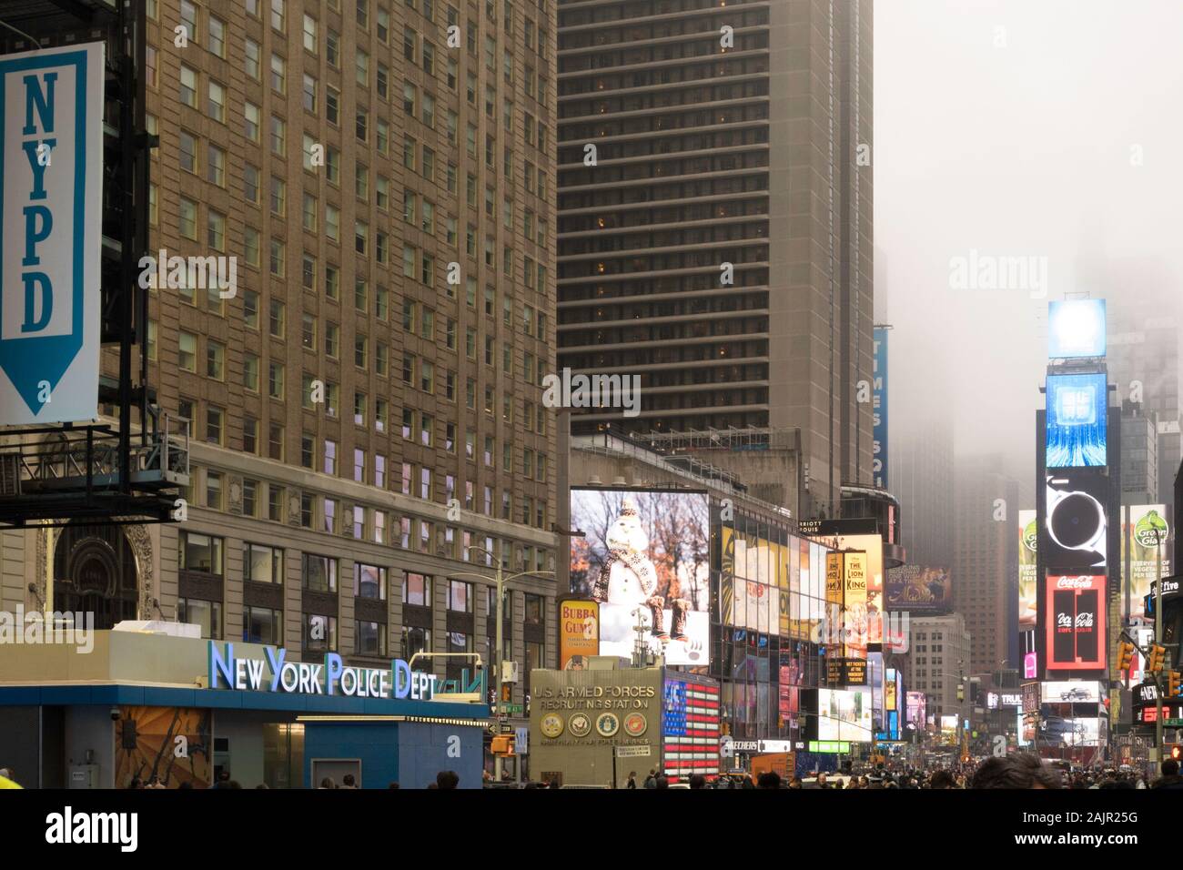 Visibility is obscured by dense fog in Times Square, NYC, USA Stock ...