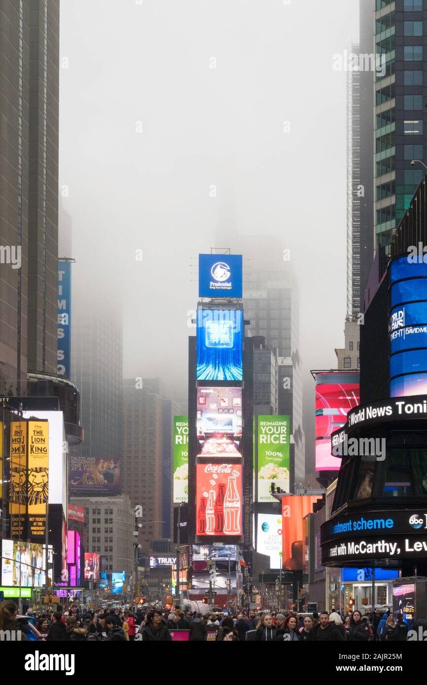 Visibility is obscured by dense fog in Times Square, NYC, USA Stock ...