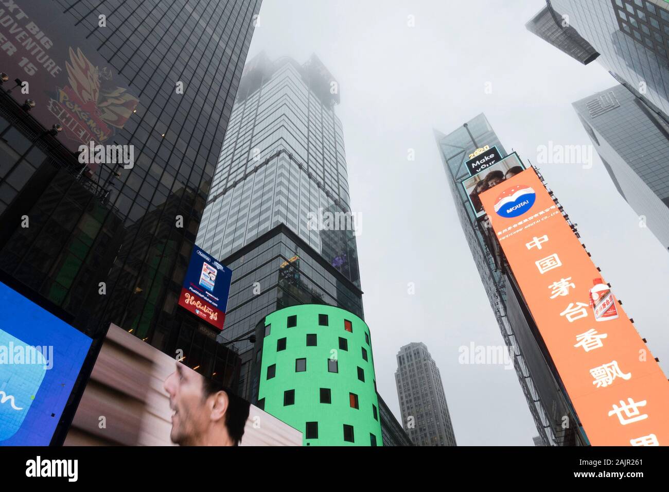 Visibility is obscured by dense fog in Times Square, NYC, USA Stock ...