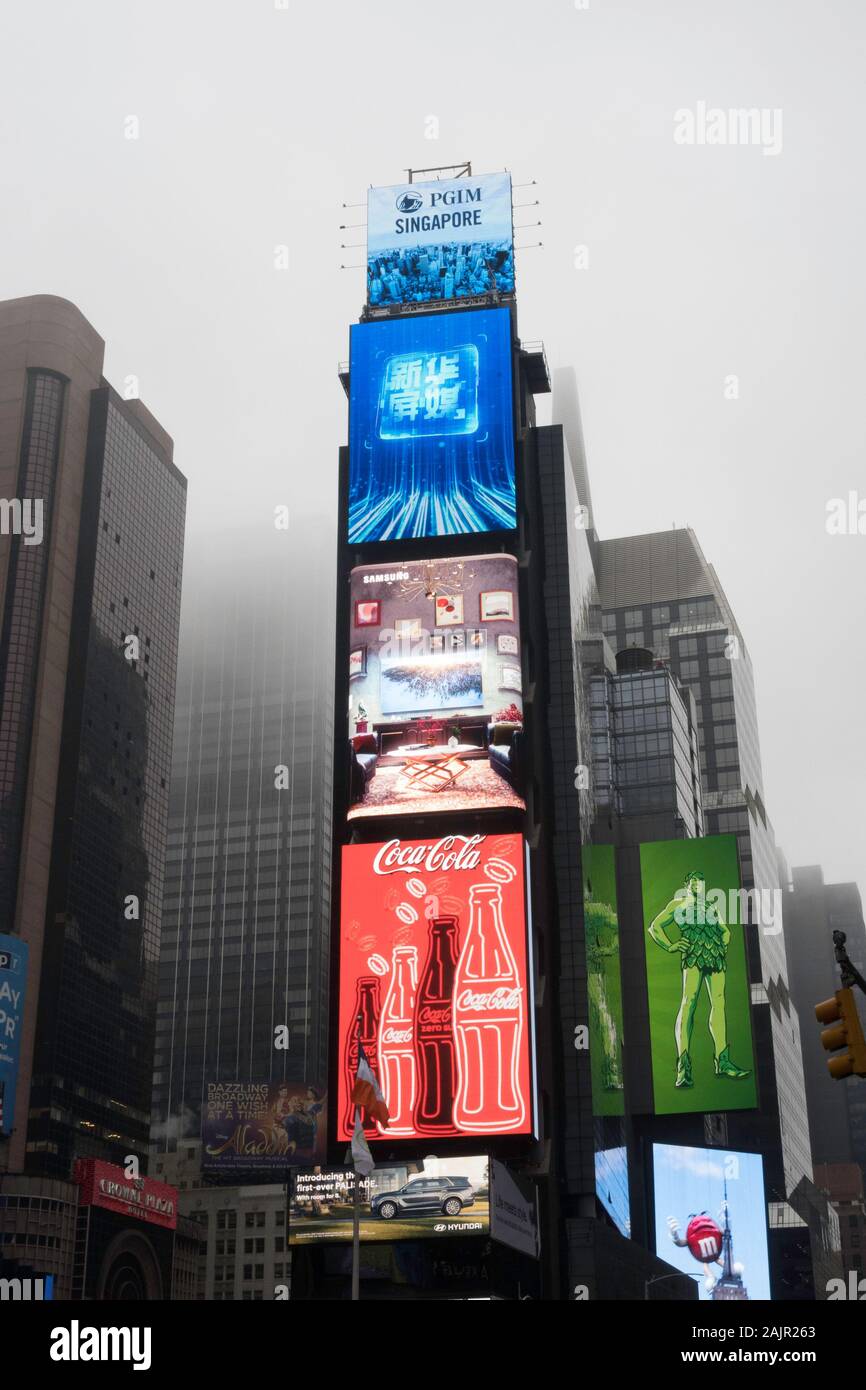 Visibility is obscured by dense fog in Times Square, NYC, USA Stock ...