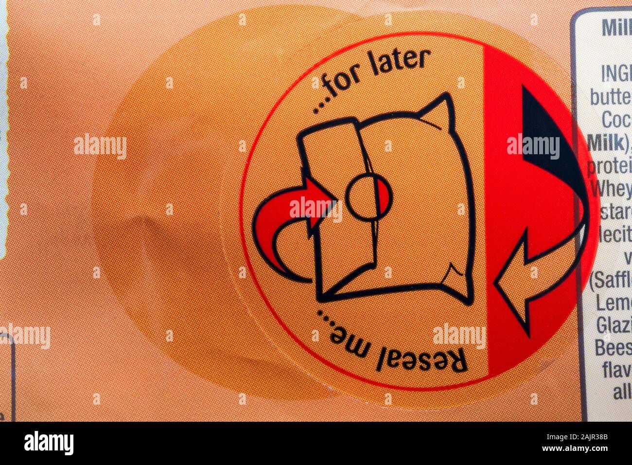 reseal me for later sticker on bag on sweets Stock Photo - Alamy