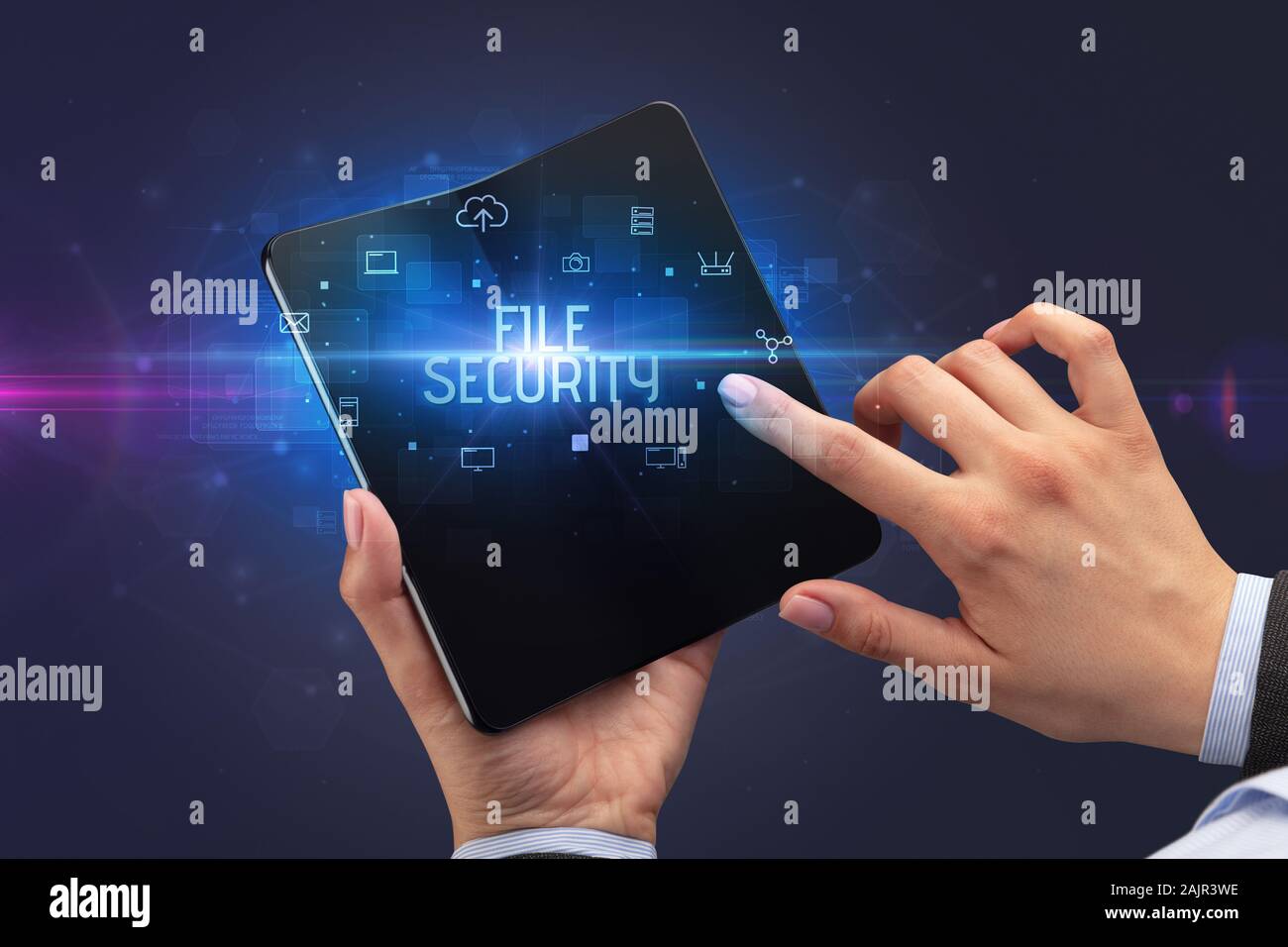 Businessman holding a foldable smartphone with FILE SECURITY ...