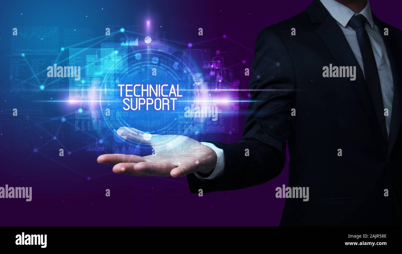 Man hand holding TECHNICAL SUPPORT inscription, technology concept ...