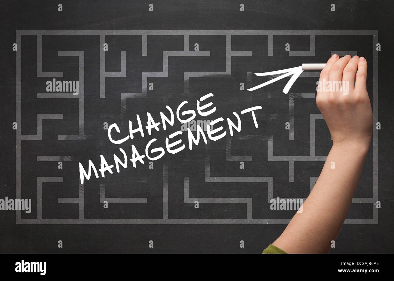 Hand drawing CHANGE MANAGEMENT inscription with white chalk on ...