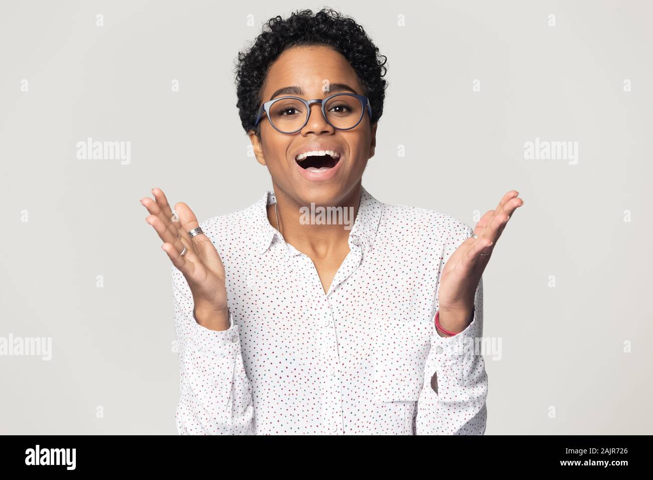 Woman raised hands open mouth scream with joy feeling happiness Stock ...