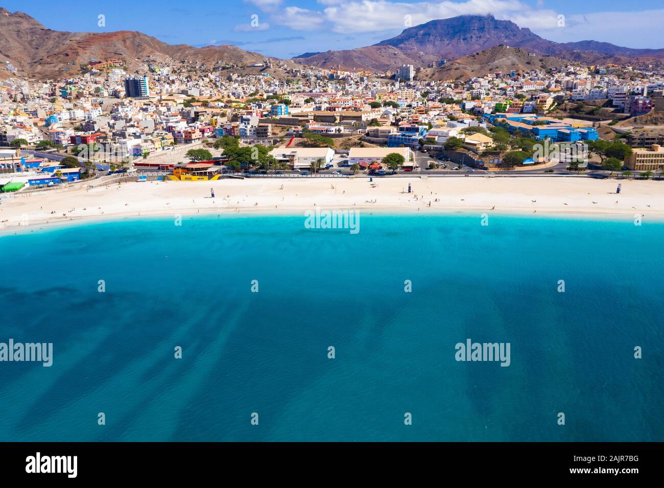 Aerial view of Laginha beach in Mindelo city in Sao Vicente Island in ...