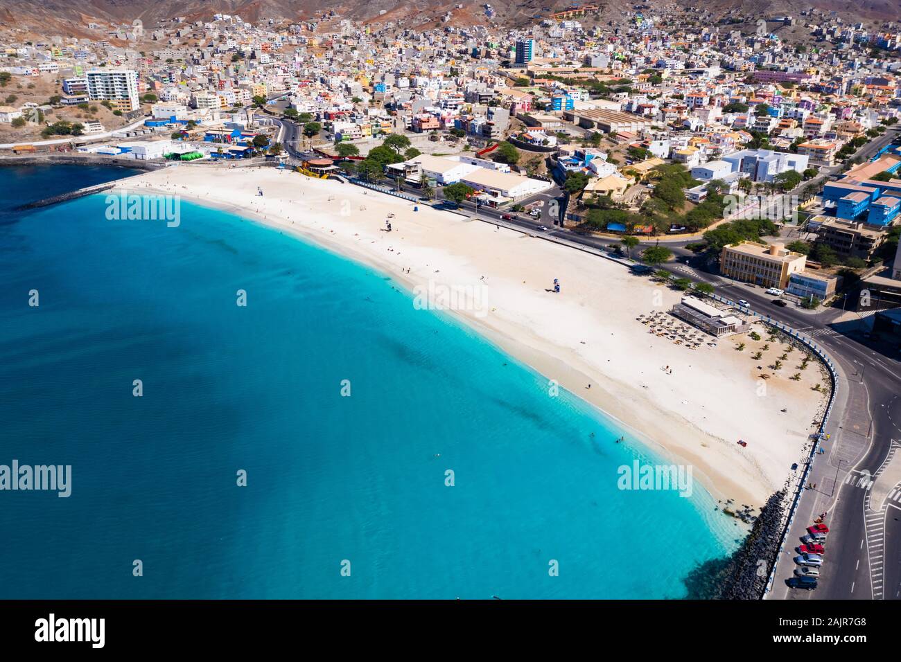 Aerial view of Laginha beach in Mindelo city in Sao Vicente Island in ...