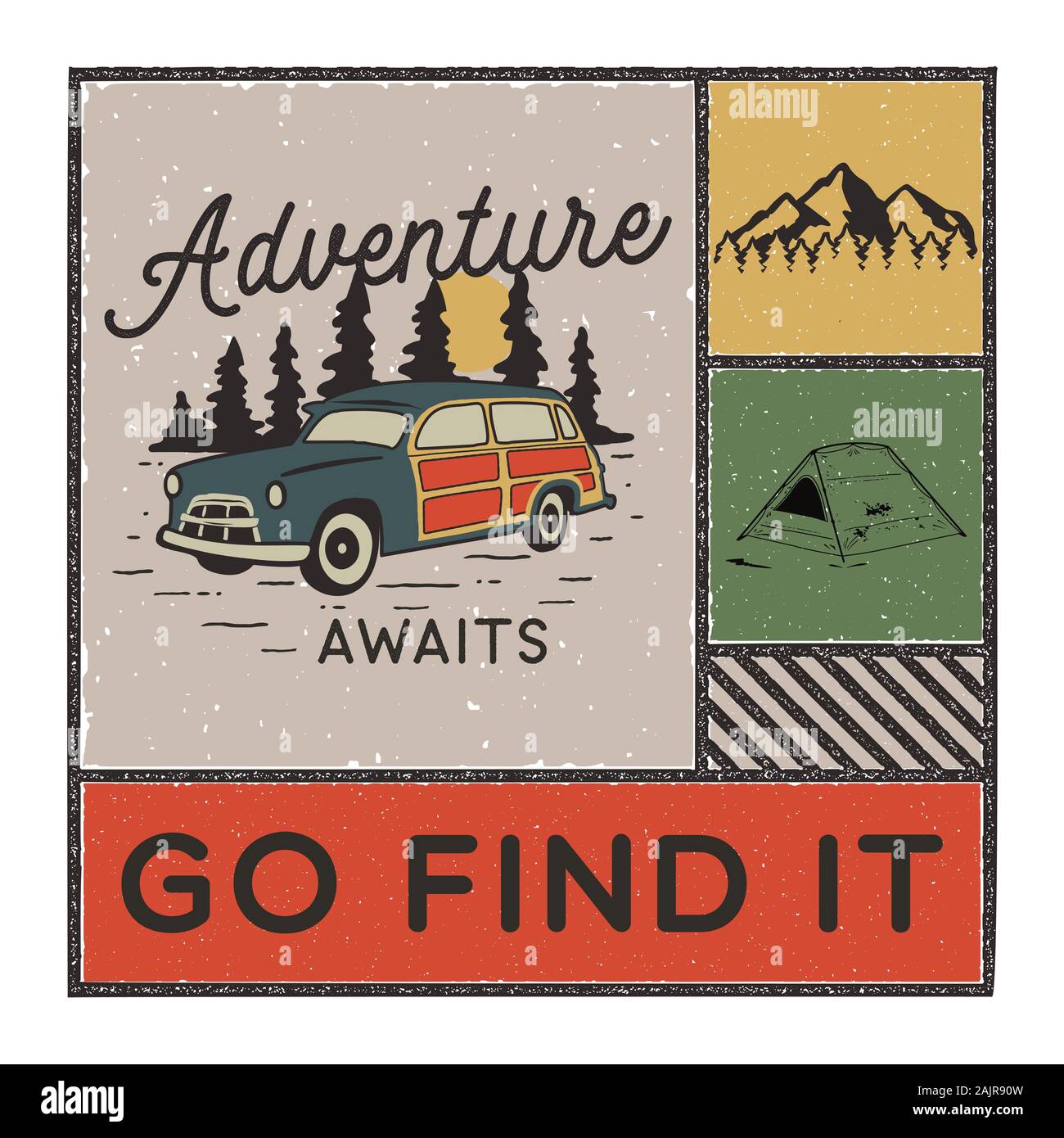 Vintage hand drawn adventure poster with mountains, tent, camp car and ...