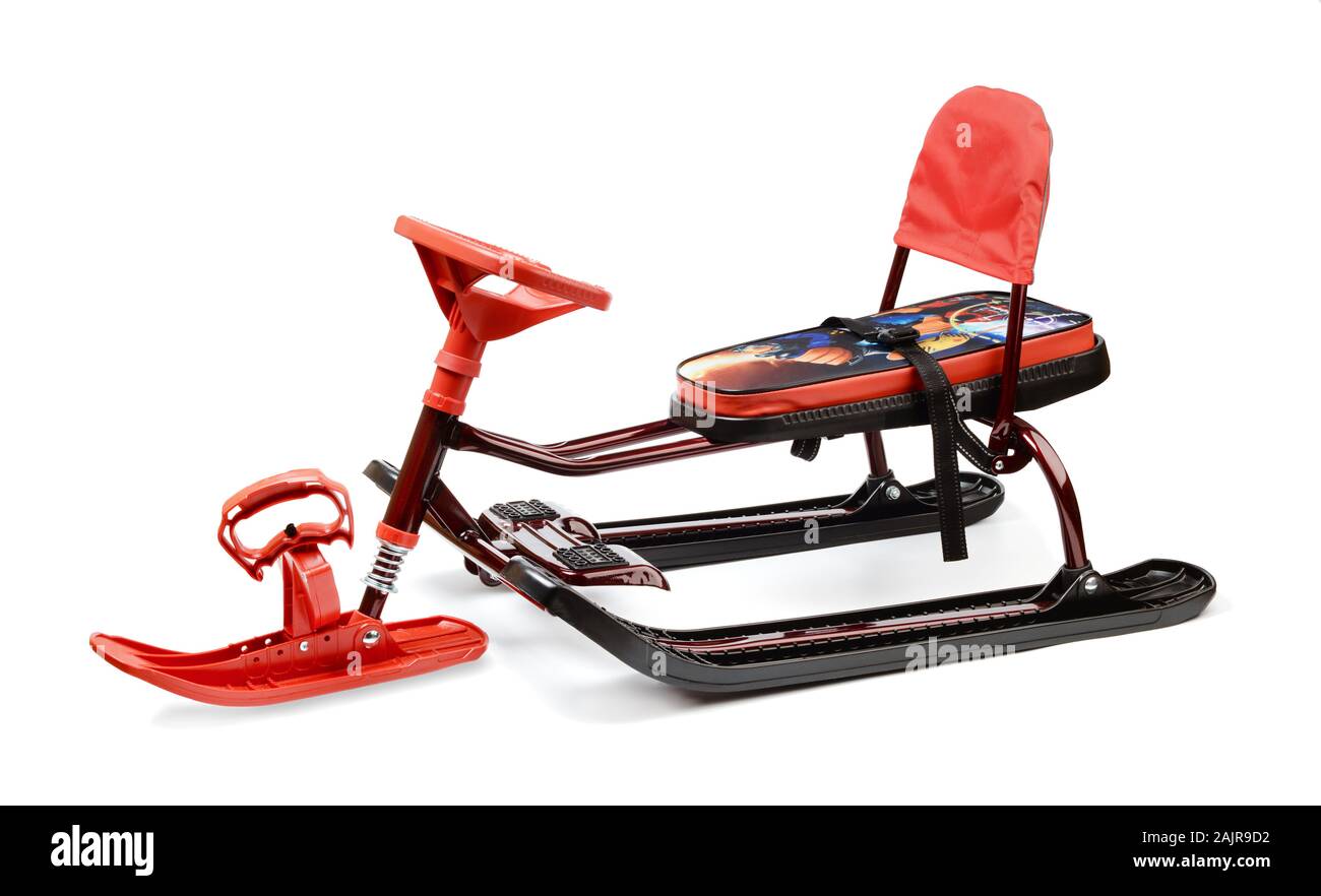 Red snow sledge isolated on white background.Side view Stock Photo - Alamy