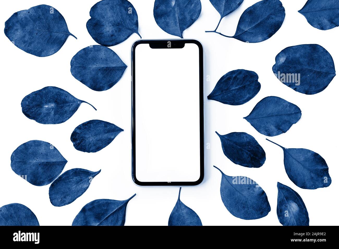 Festive floral flat lay composition mobile phone with blank screen and ...