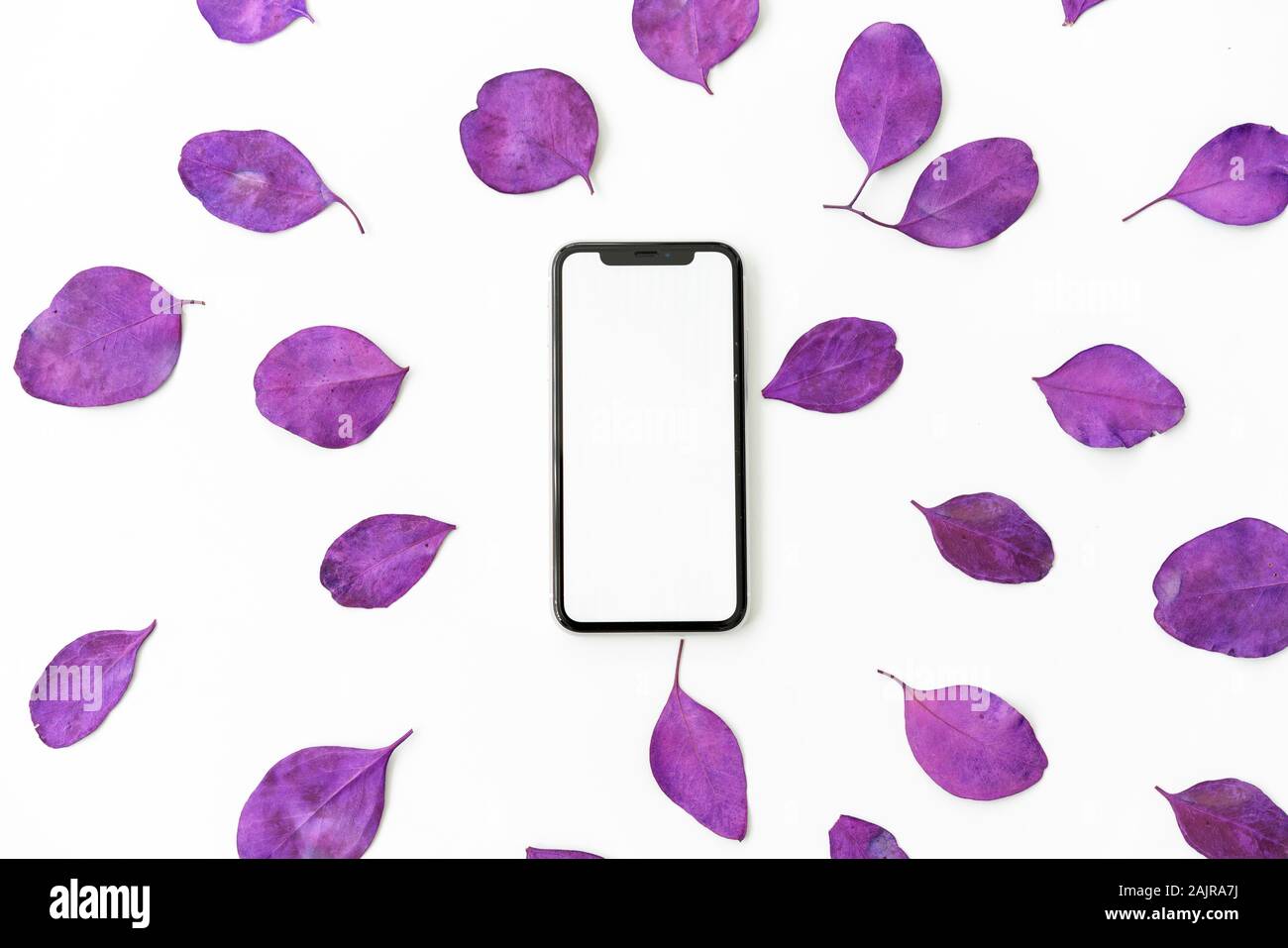 Festive floral flat lay composition mobile phone with blank screen and ...
